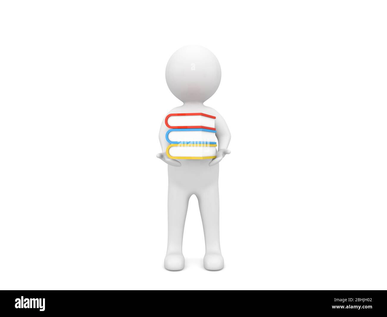 3d character holds books in hands on a white background. 3d render ...