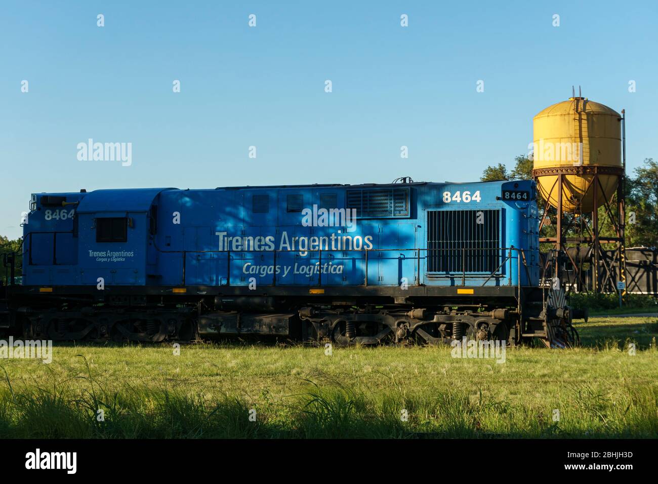 Scene view of freight locomotive trains parked outskirts of the city ...