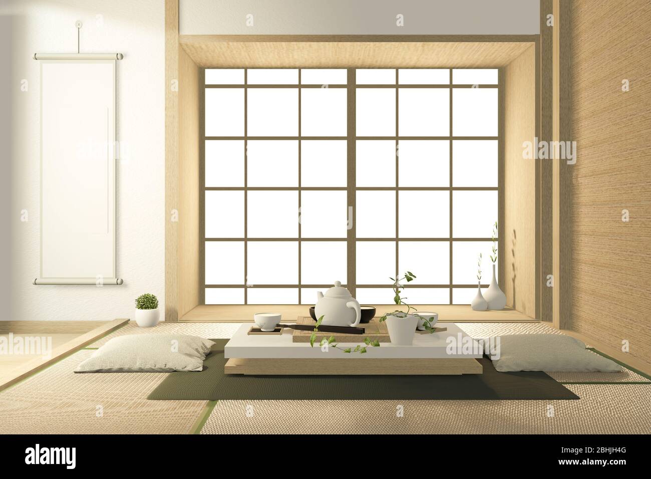Tropical interior design with sofa for living room japanese style. 3D ...