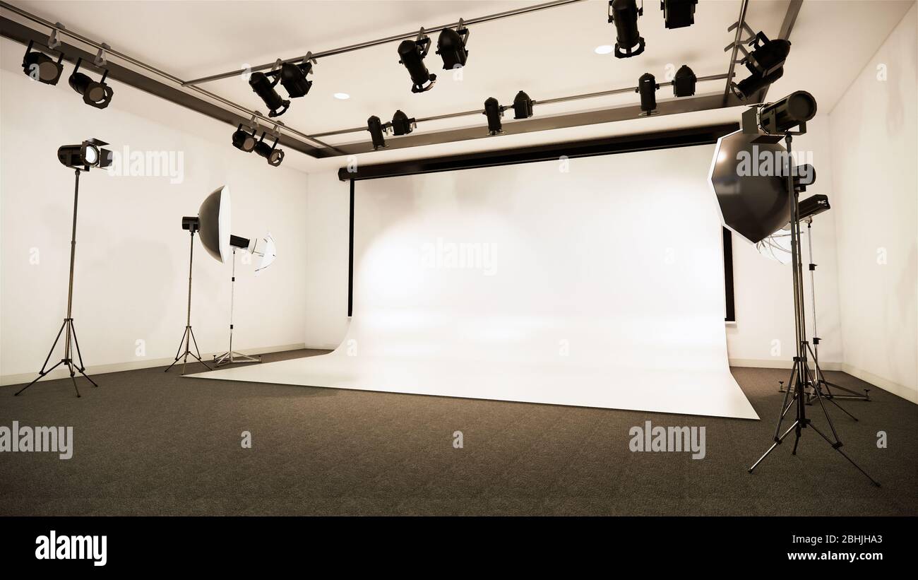 Studio - Modern Film Studio with white Screen. 3D rendering Stock Photo ...