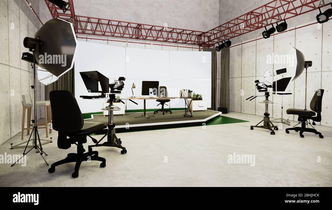 Studio - Modern Film Studio with white Screen. 3D rendering Stock Photo ...