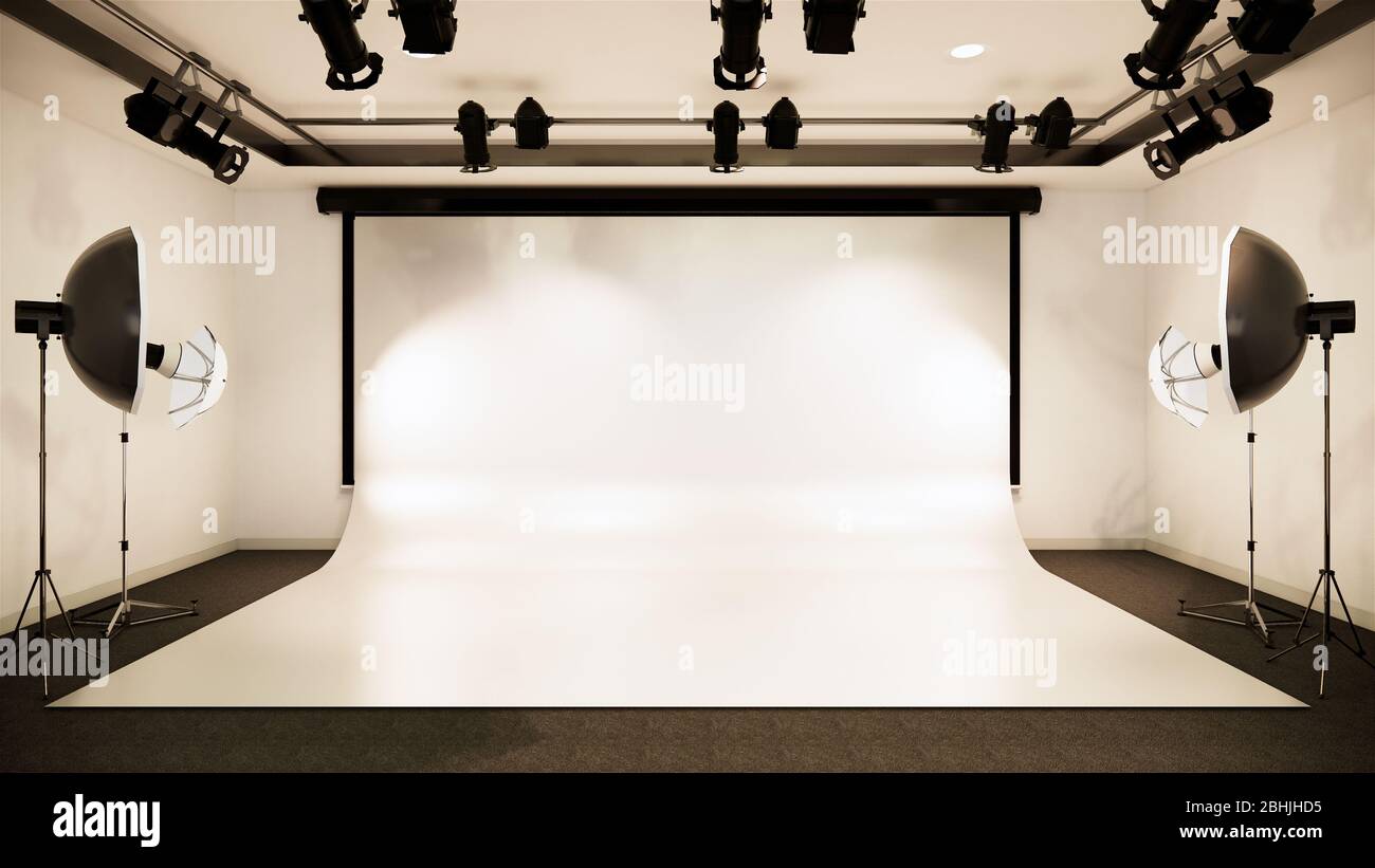 Studio - Modern Film Studio with white Screen. 3D rendering Stock Photo ...