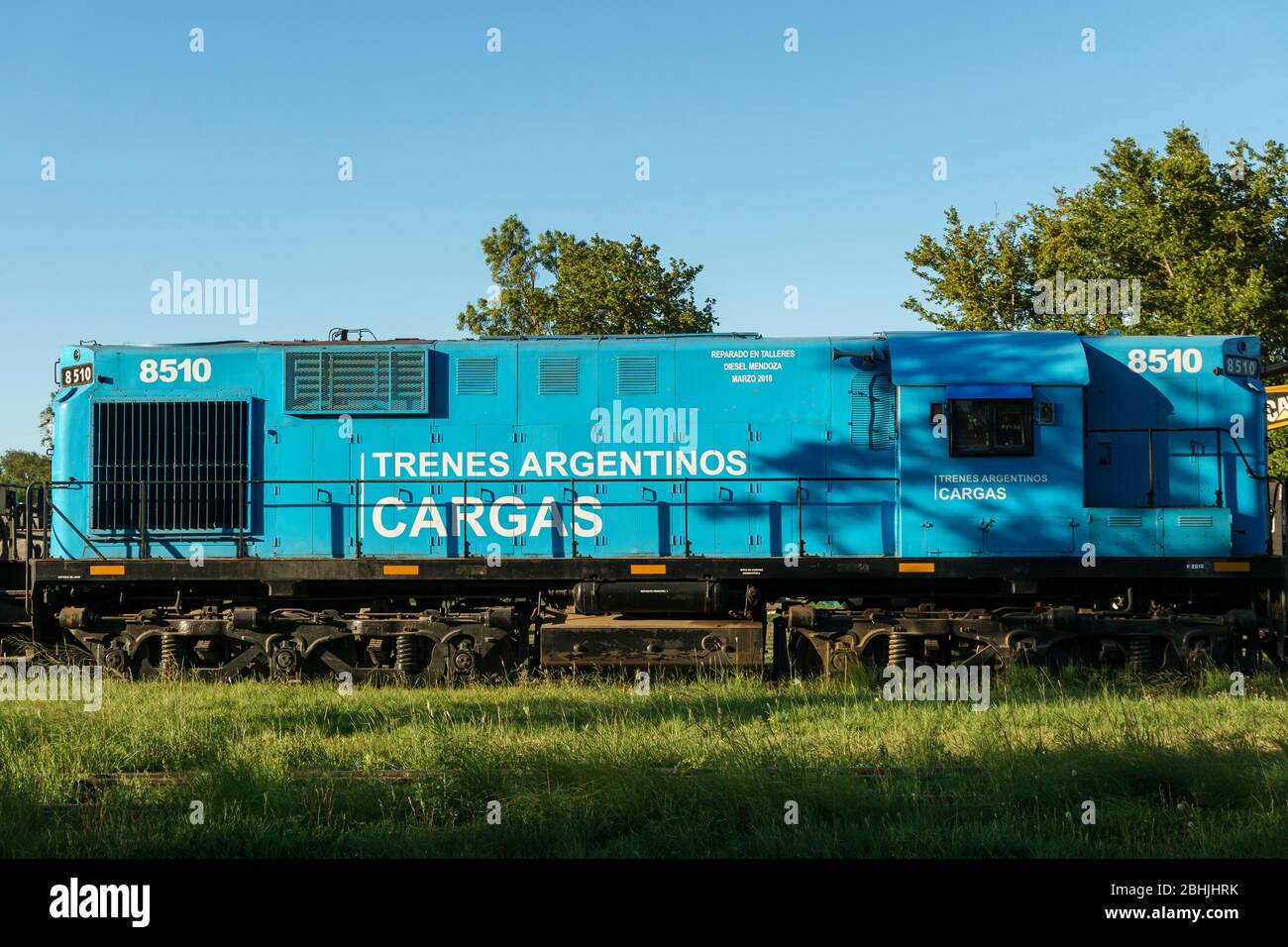Scene view of freight locomotive trains parked outskirts of the city ...