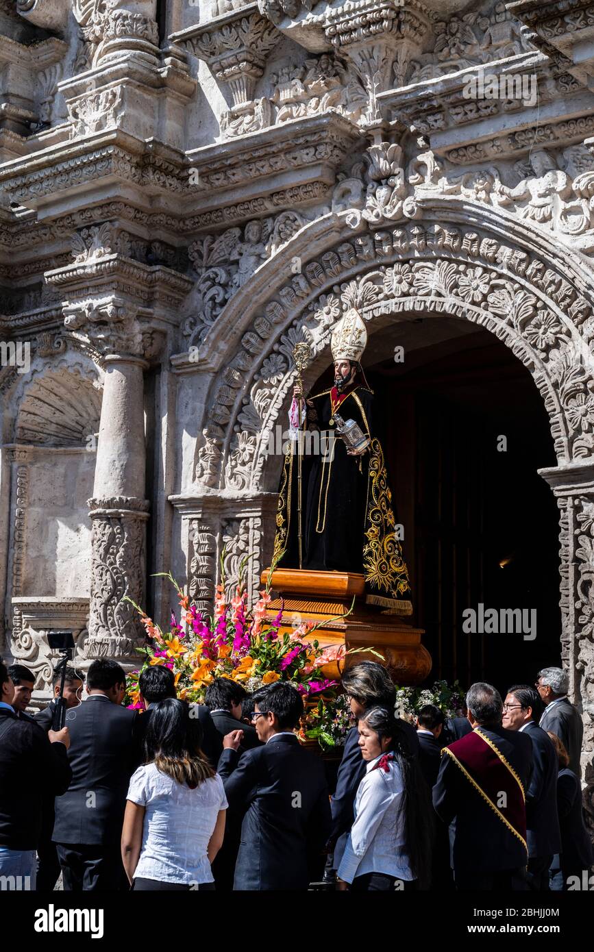 Procession of San Agustín in the church of San Agustín, Arequipa city ...