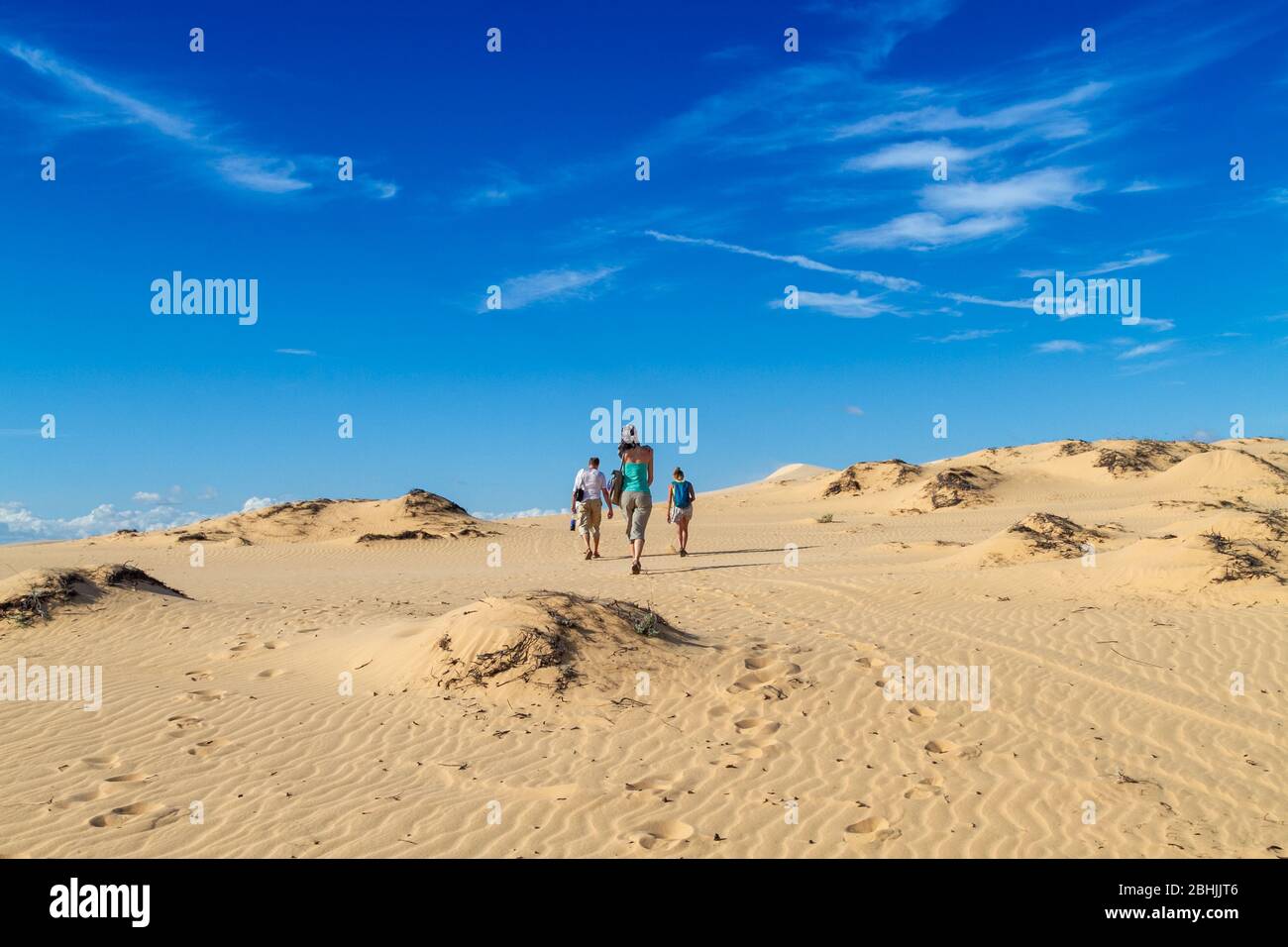 Three people walk in the desert, view from the back Stock Photo - Alamy