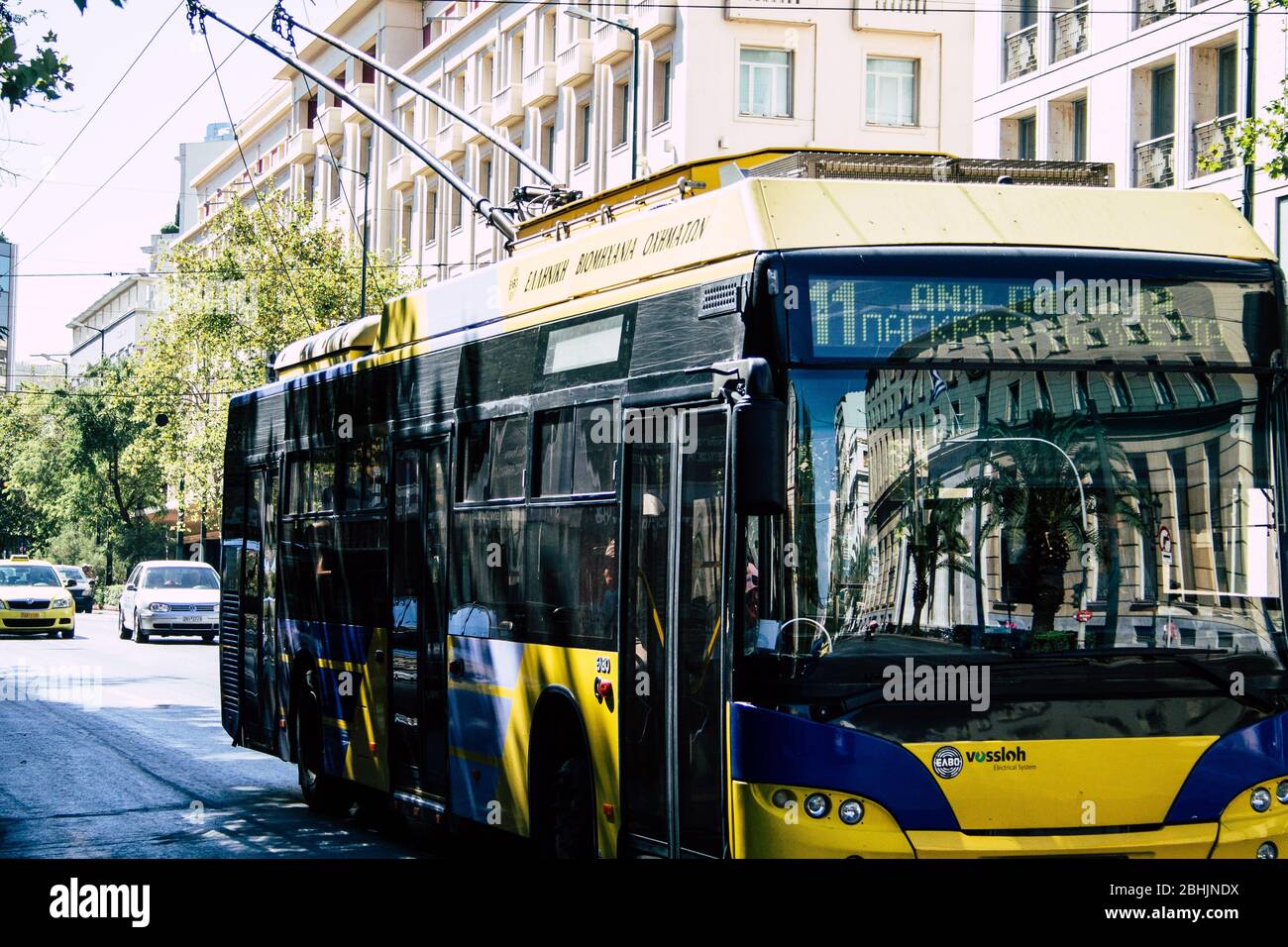 Athens Greece August 30, 2019 View of a electic Greek public bus ...
