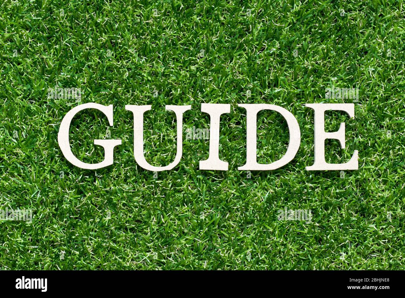 Wood alphabet letter in word guide on artificial green grass background ...