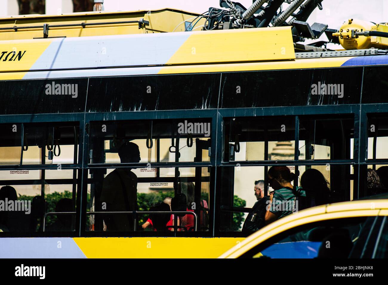 Athens Greece August 30, 2019 View of a electic Greek public bus ...