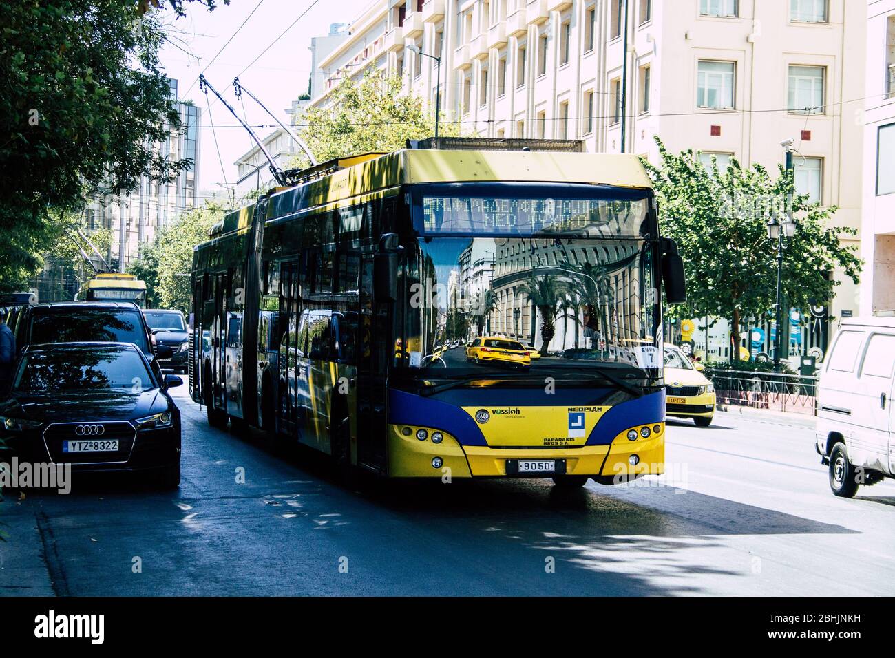 Athens Greece August 30, 2019 View of a electic Greek public bus ...