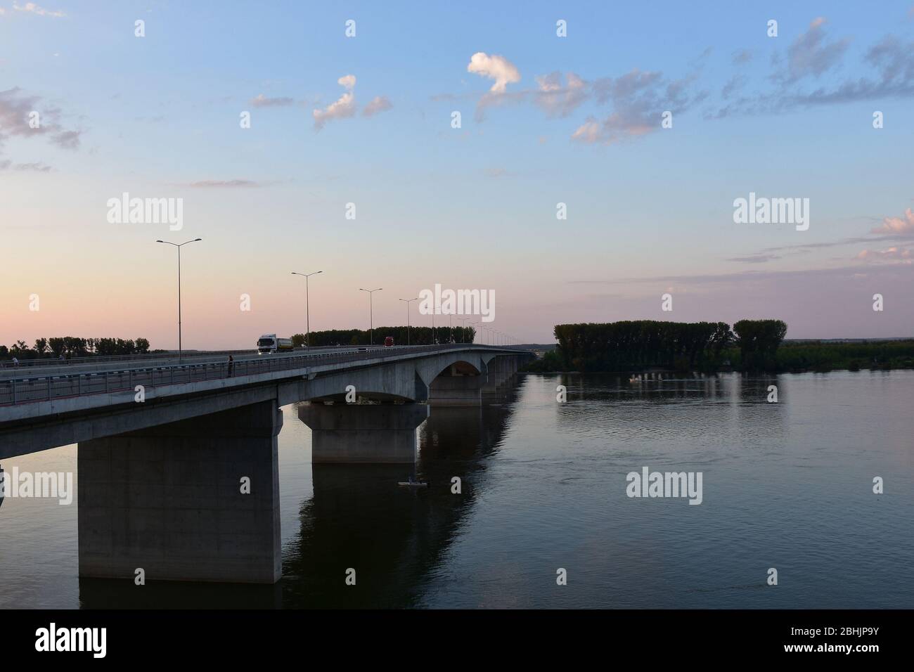 Stable and strong, concrete Pupin Bridge over the wide Danube River ...