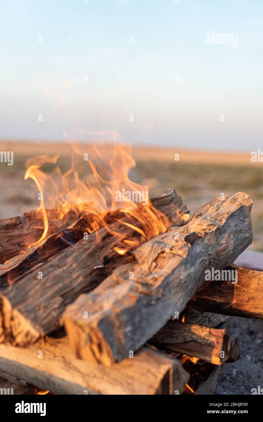 An abstract outdoor photo of a warm campfire with burning firewood and ...
