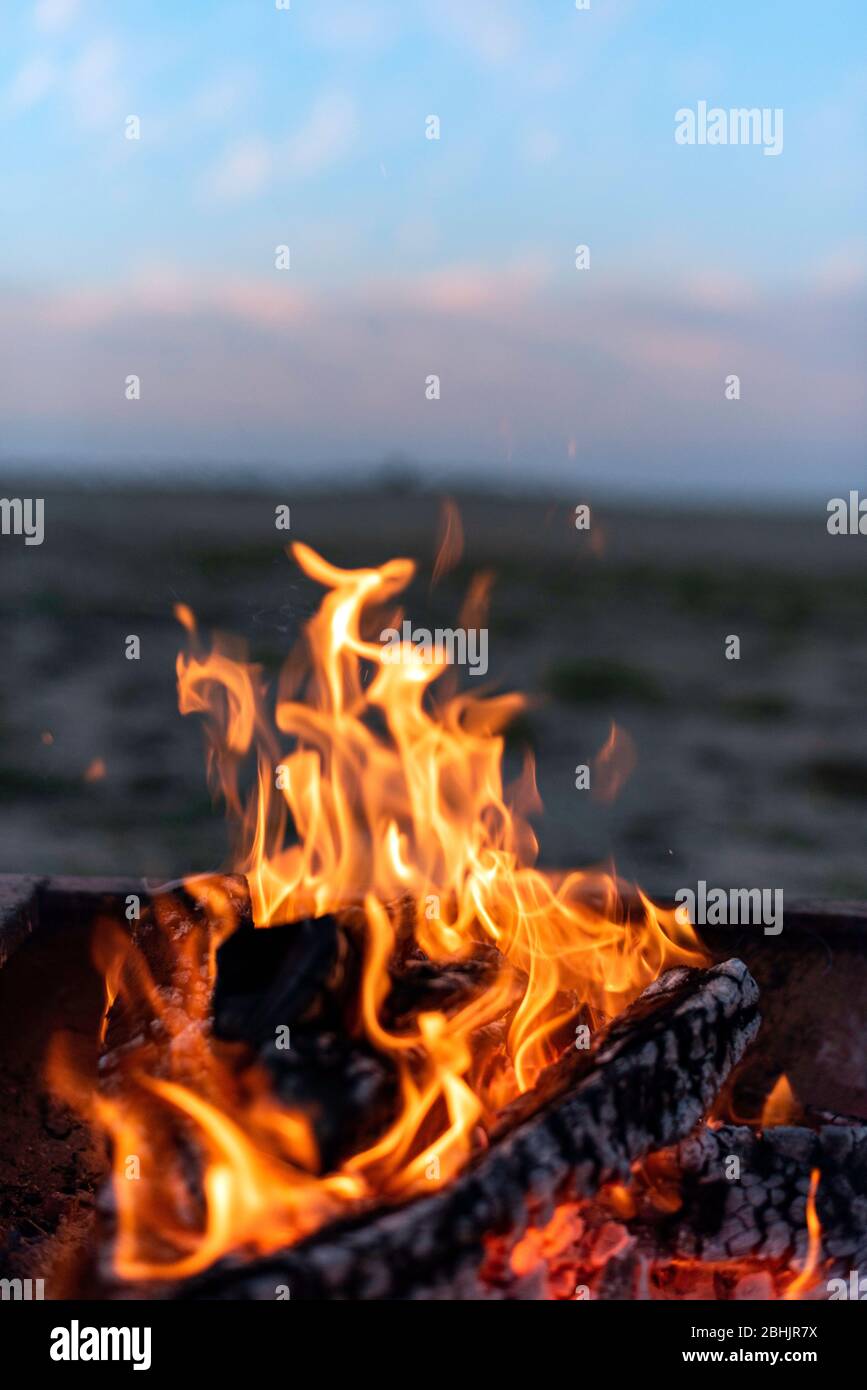 An outdoor photo of a campfire with burning firewood and hot and bright ...