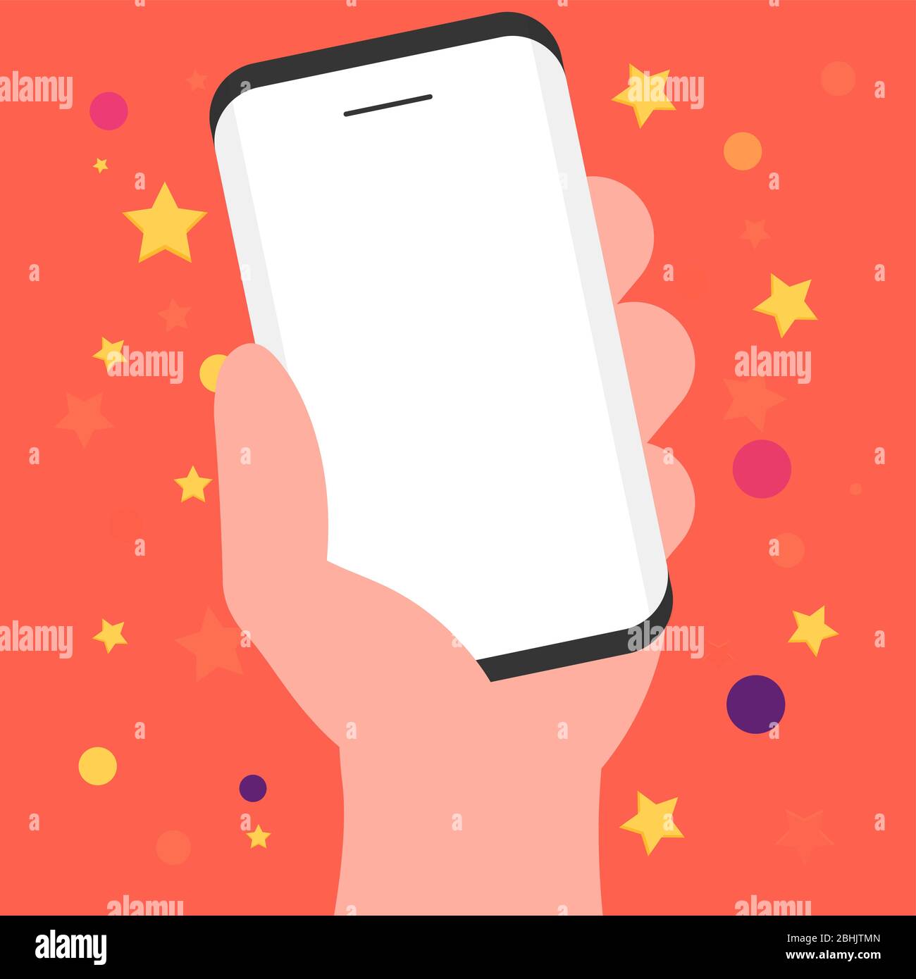 Hand hold smart mobil phone on orange star patterns background, vector ...