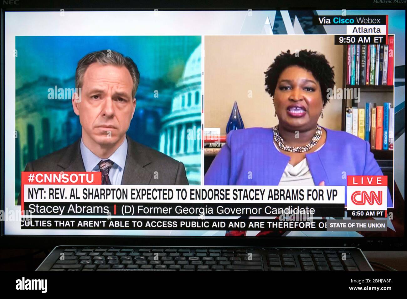 Atlanta, Georgia, USA. 26th Apr, 2020. A screen grab of STACEY ABRAMS ...