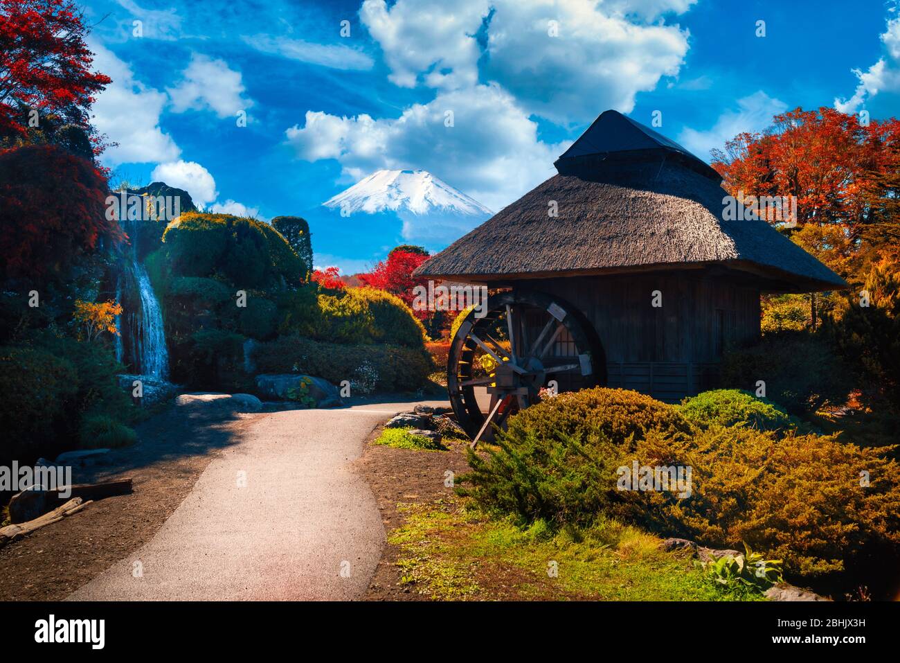 The ancient Oshino Hakkai village with Mt. Fuji in Autumn Season at Minamitsuru District ...
