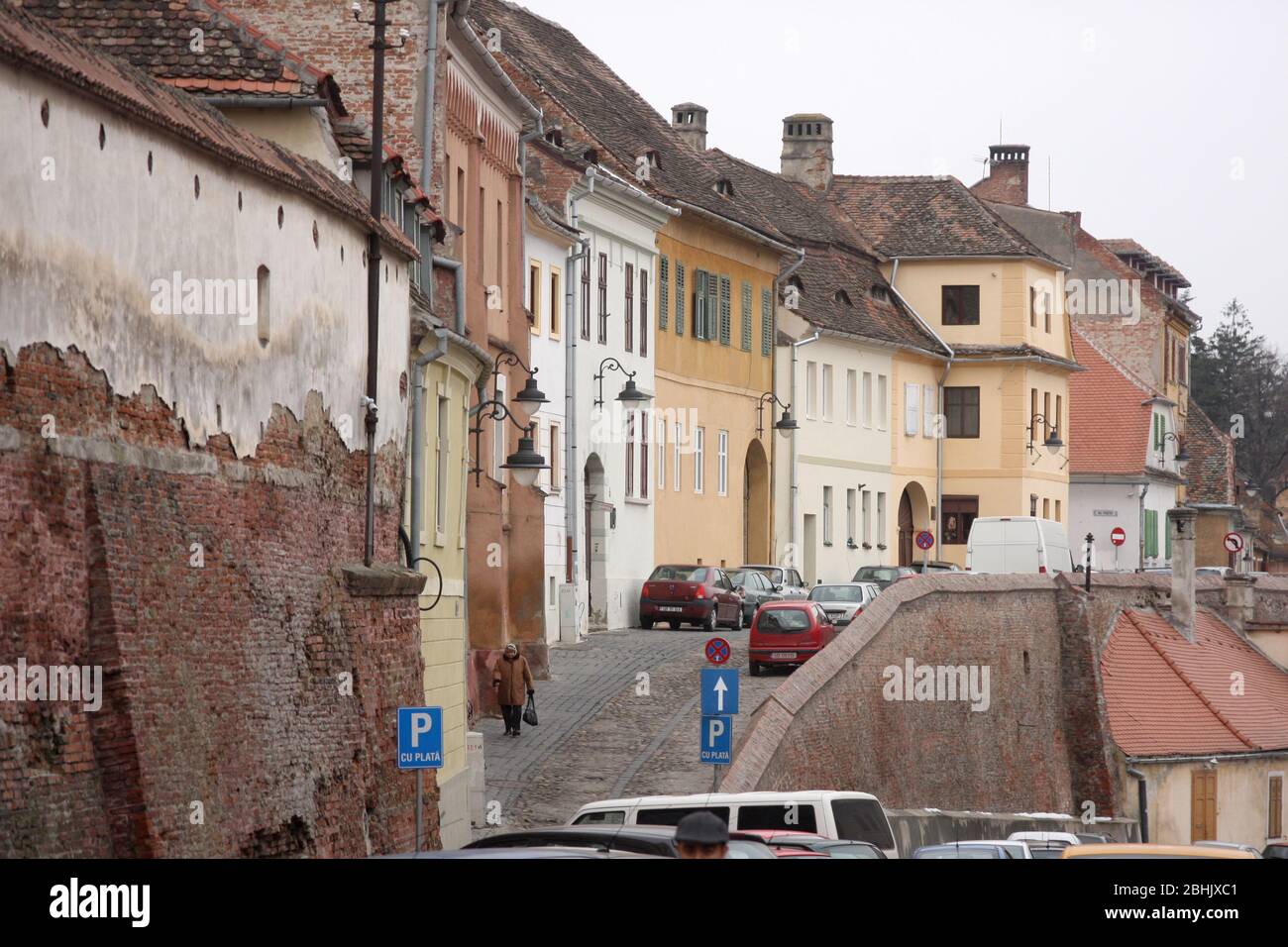 Sibiu, Romania. Medieval Saxon buildings in the Old Town, connected as ...