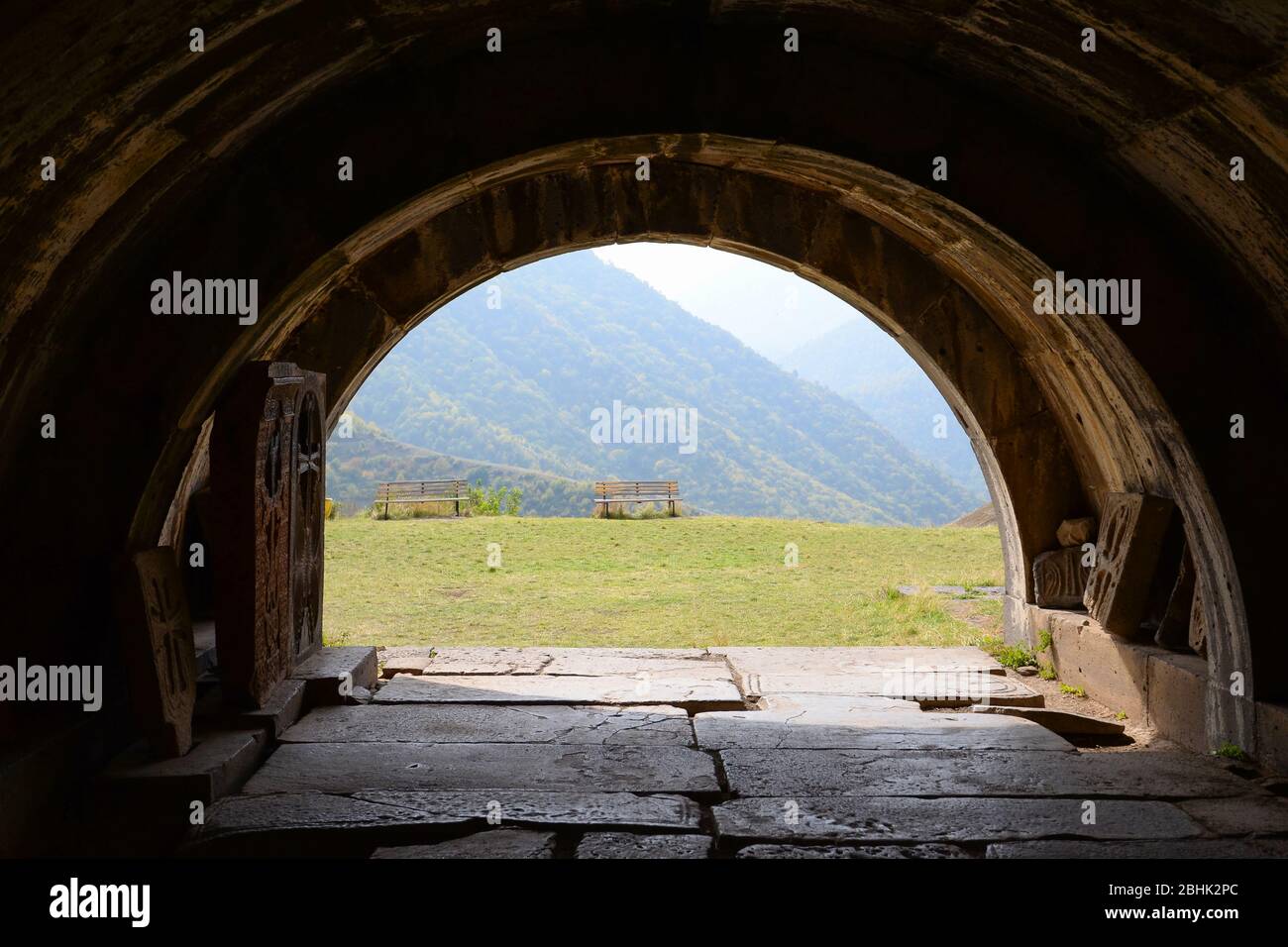 View through an archway in Haghpat Monastery Complex in Armenia showing ...