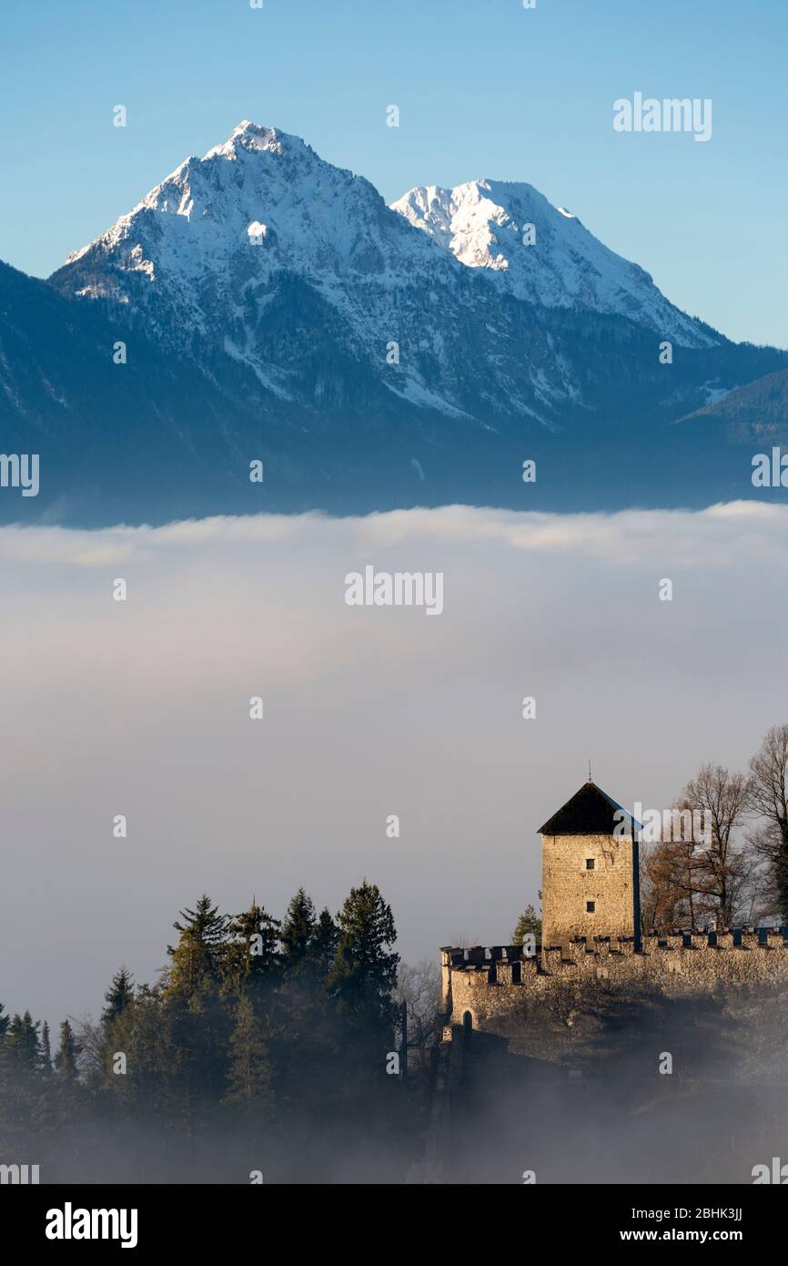View of fortified wall and watchtower of Josefsturm in the fog with ...