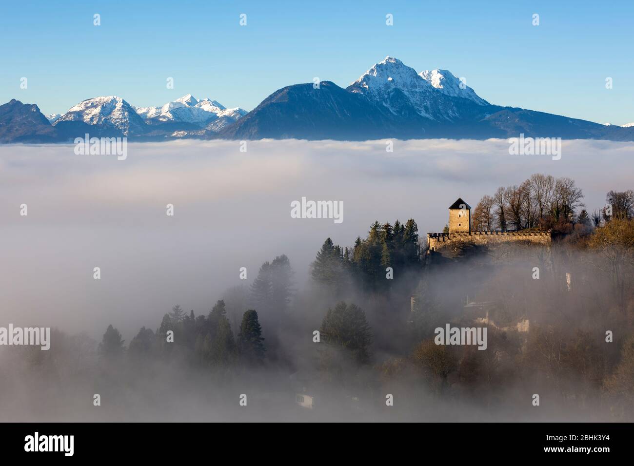 View of fortified wall and watchtower of Josefsturm in the fog with ...