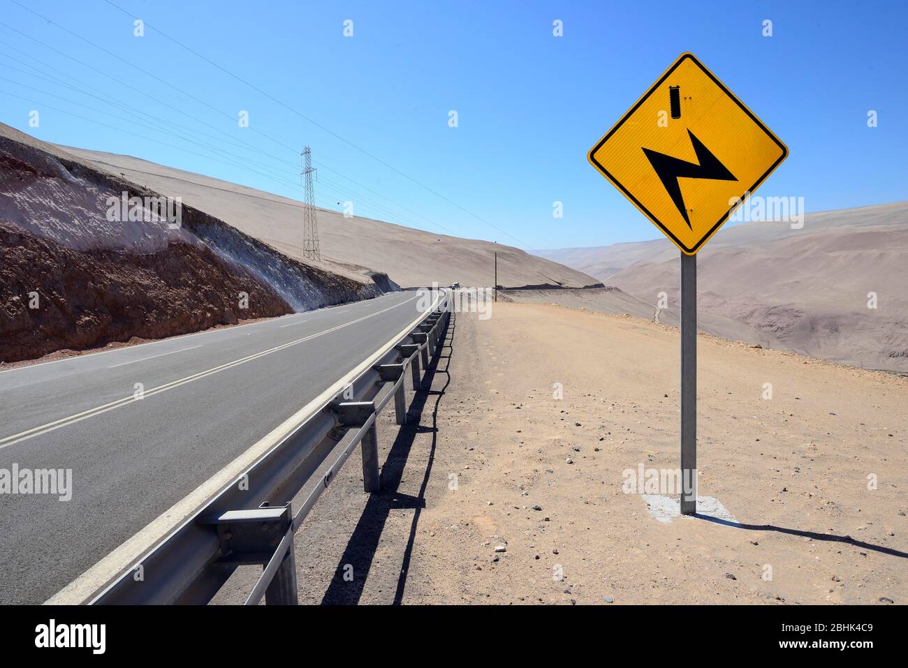 Road sign curved road, Panamericana, Northern Chile, Chile Stock Photo ...