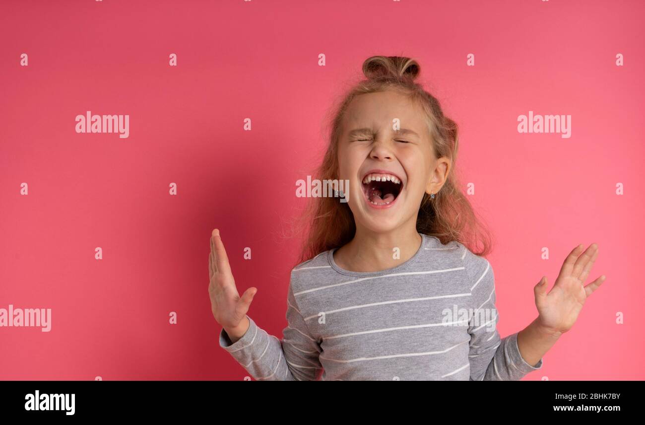 Happy surprised woman screaming with open hands, girl yell Stock Photo ...