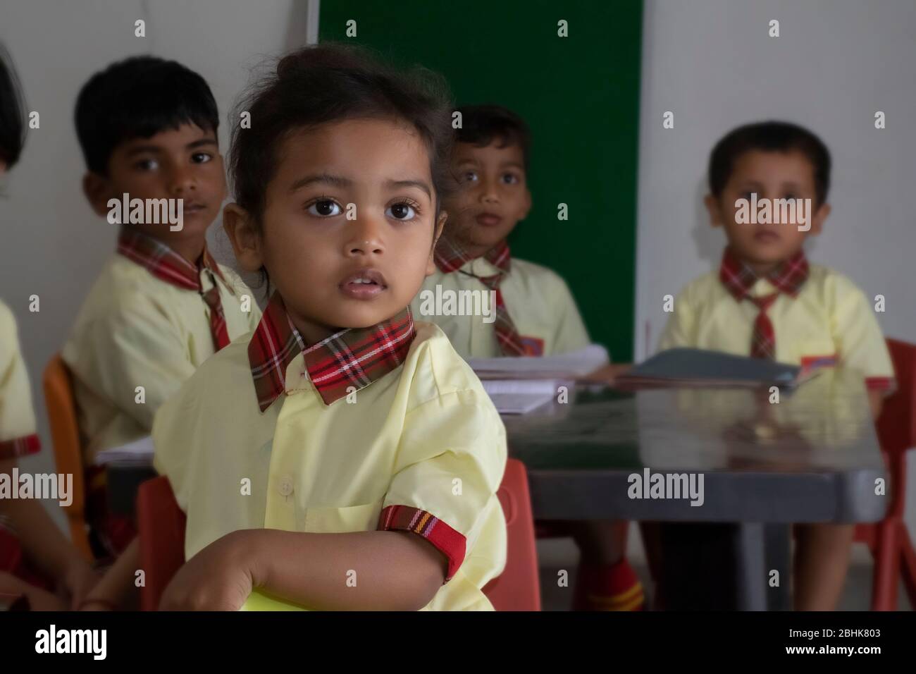 Young primary or elementary school children sitting at their desks in a ...