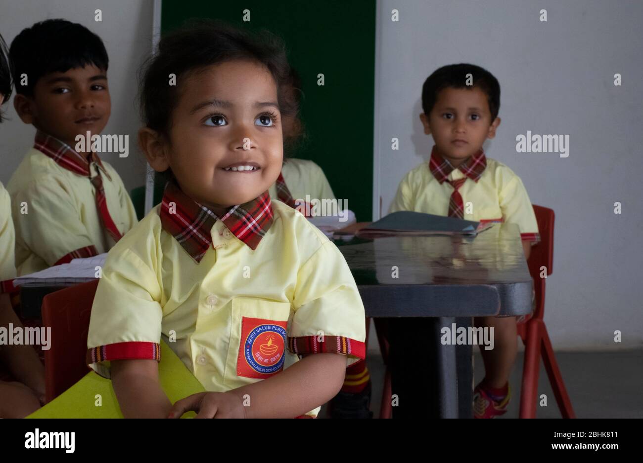 Young primary or elementary school children sitting at their desks in a ...