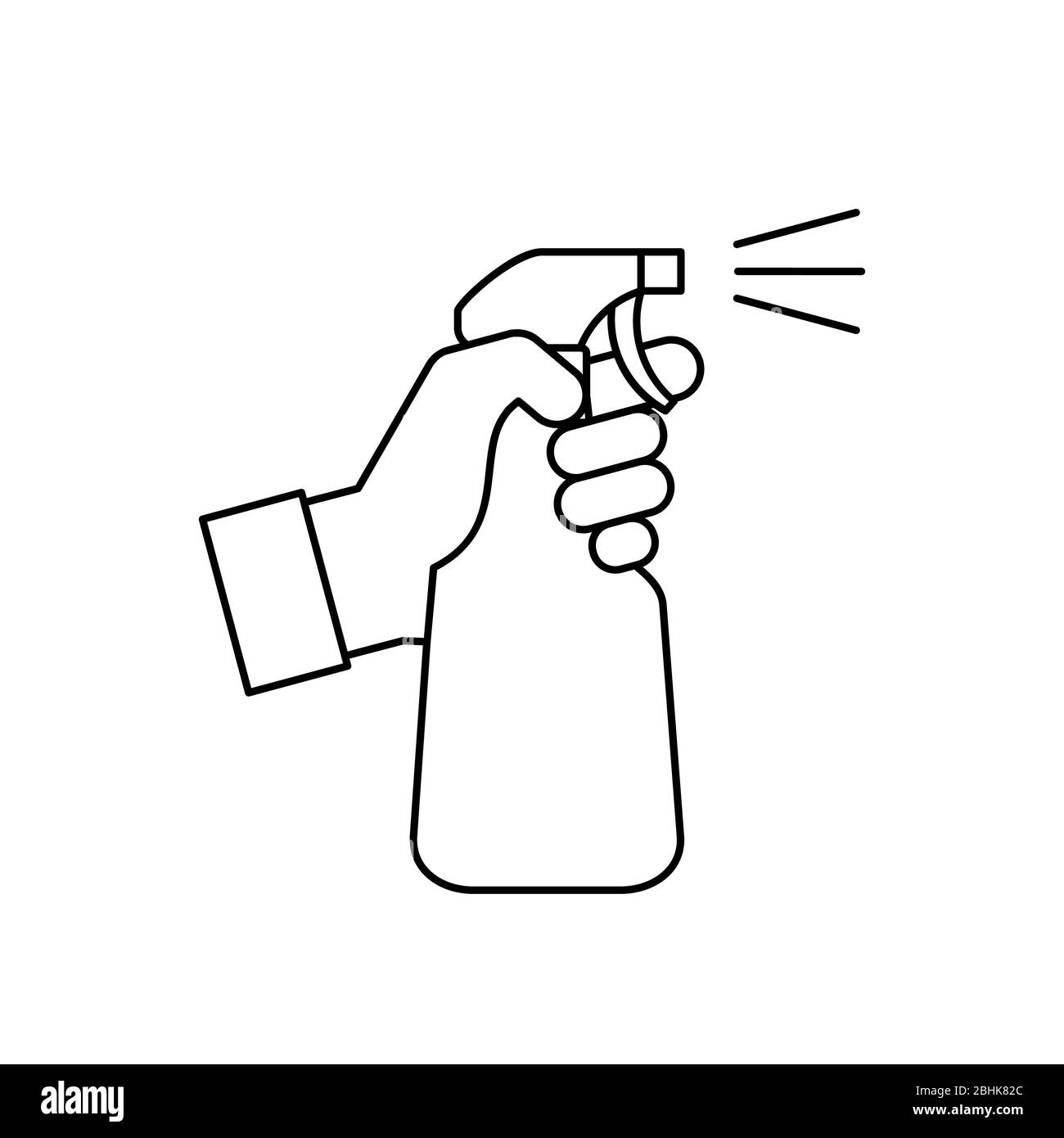 Hand holding a spray bottle line icon. Cleaning, disinfection concept ...