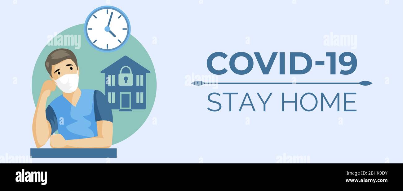 Stay at home vector flat banner template. Man in protection mask on ...