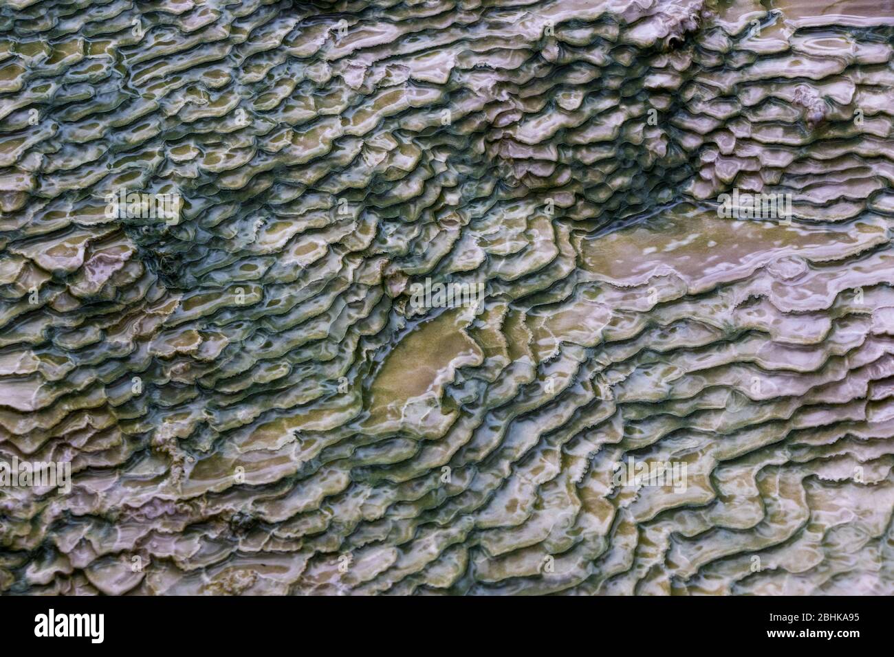 Mysterious, rough, sharp layers of eroded stone with pools of water ...