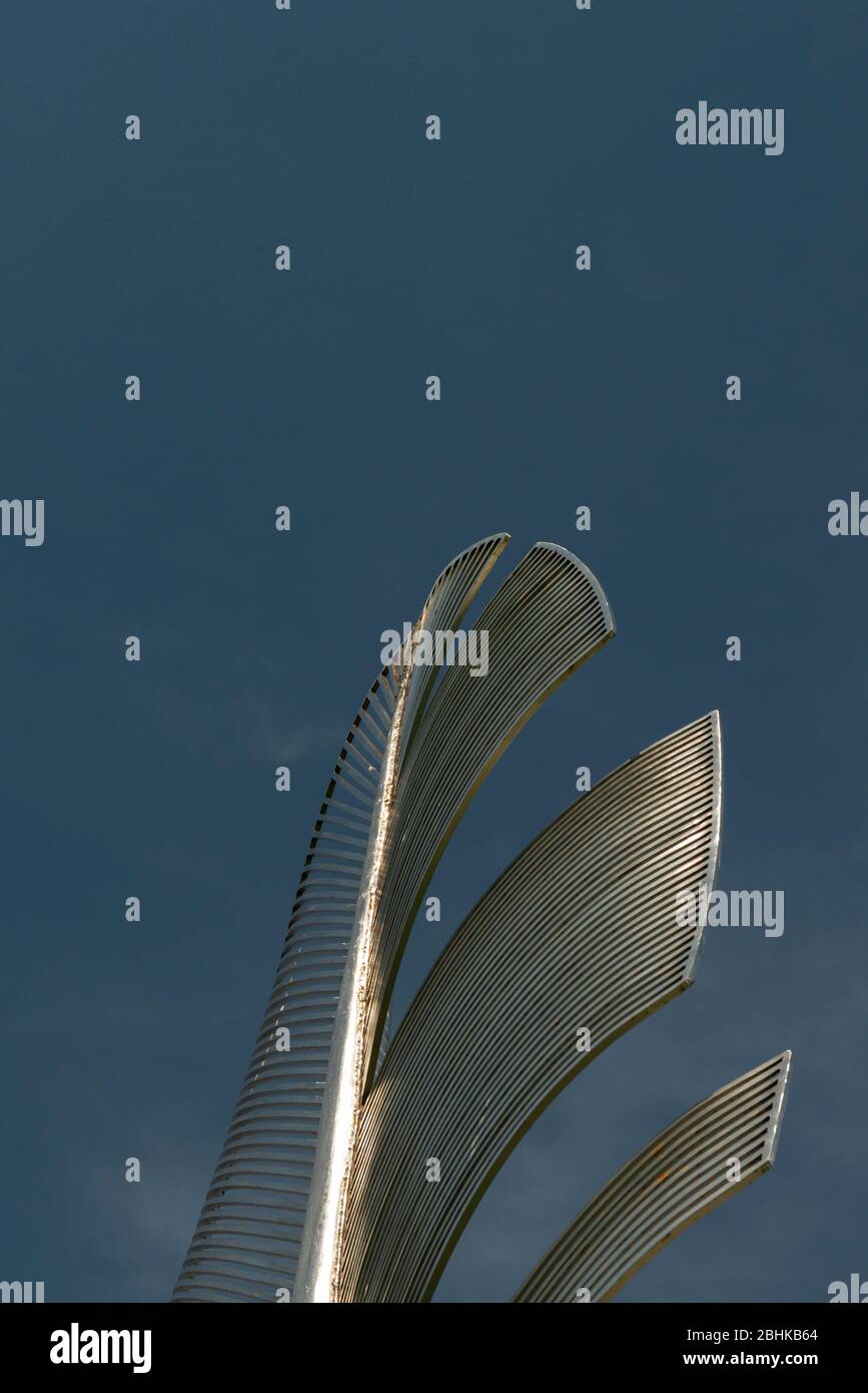 Stainless steel feather against blue sky as detail from The Kindred ...