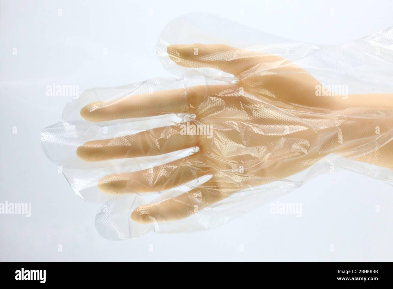 Single use clear plastic glove on a hand Stock Photo - Alamy