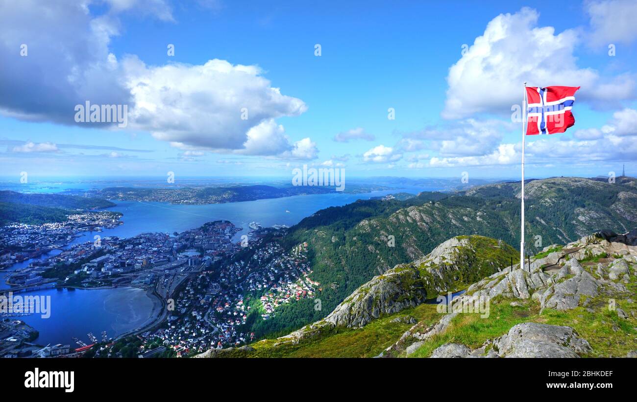 Breathtaking view from the highest point in Bergen with Norwegian flag ...