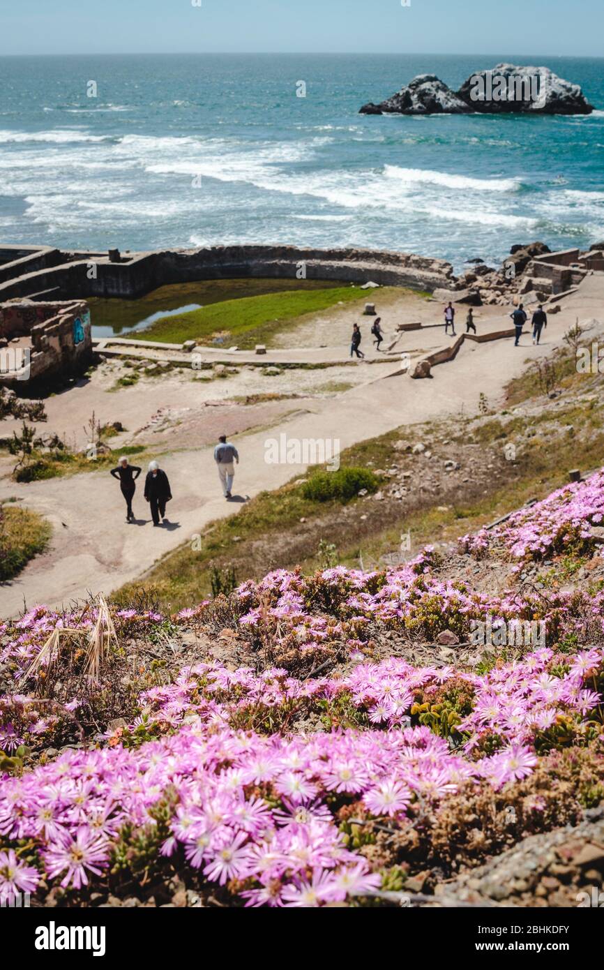 Scenic view from Sutro Baths Upper Trail on Pacific Ocean. Tourist ...