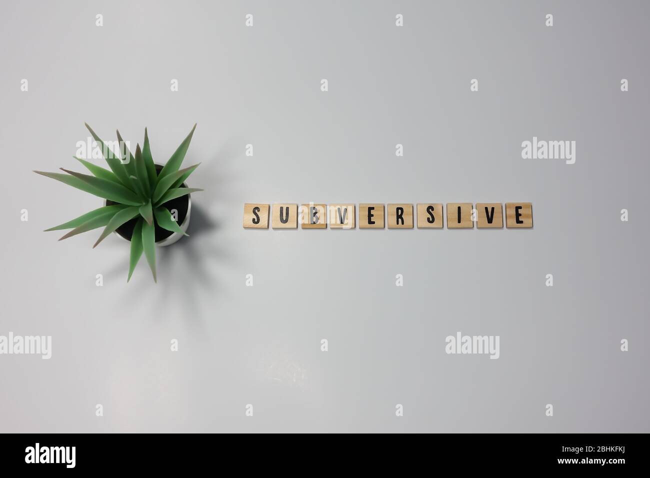 The word Subversive written in wooden letter tiles on a white ...