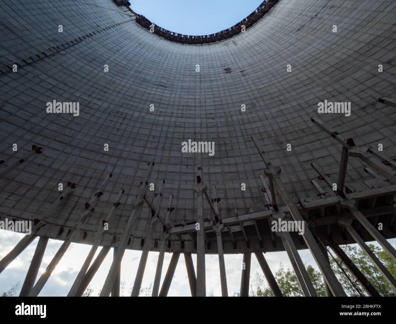 Inside unfinished cooling tower in Chernobyl zone, part of the building ...