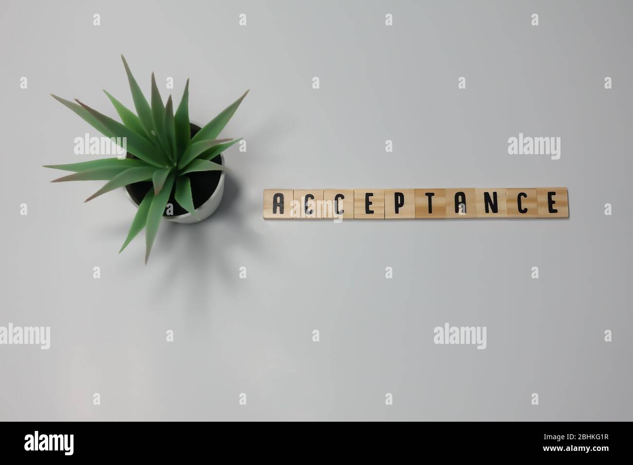 The word Acceptance written in wooden letter tiles on a white ...