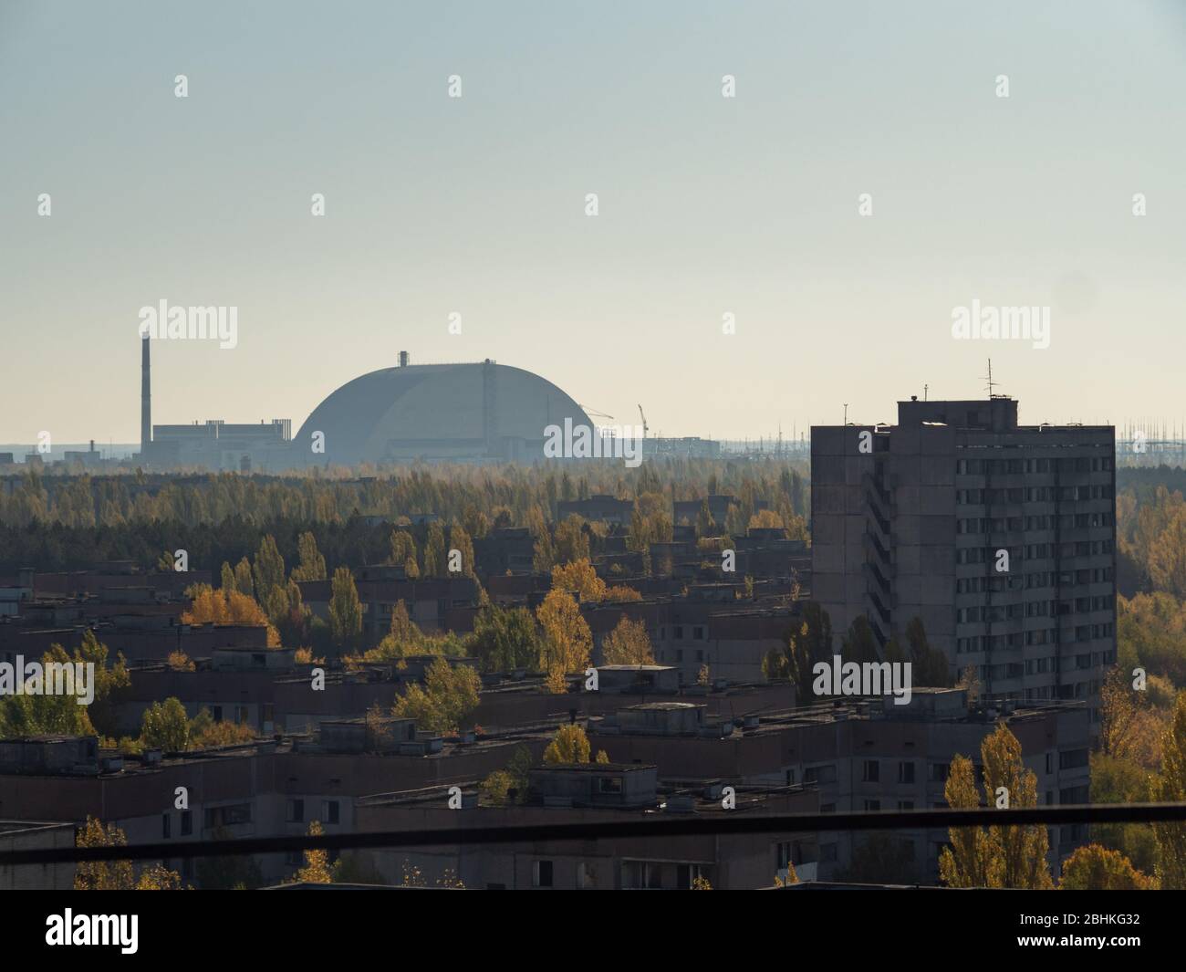 View from roof of ghost town Pripyat, post apocalyptic city and new ...