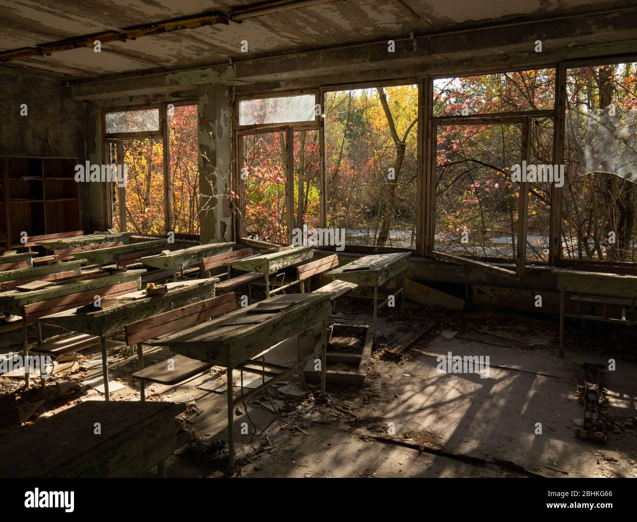 Classroom in the abandoned school in Pripyat. Chernobyl Exclusion Zone ...