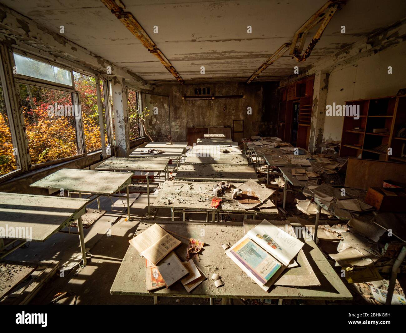 Classroom in the abandoned school in Pripyat. Chernobyl Exclusion Zone ...