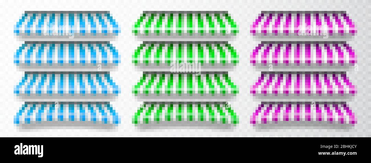 Realistic striped shop sunshade. Store awning. Shop tent isolated set. Vector illustration Stock ...