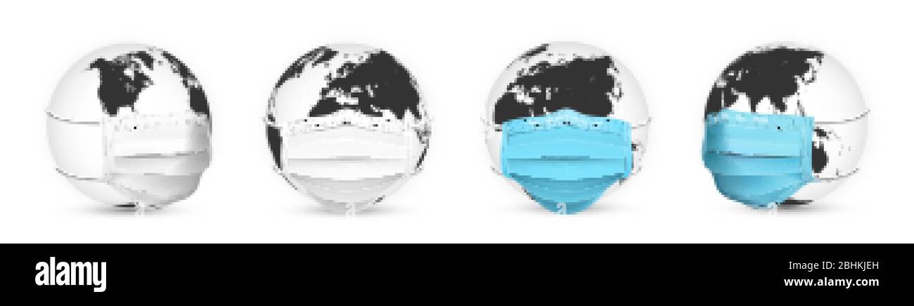 Earth globe in medical face mask. World map set. Vector Illustration ...