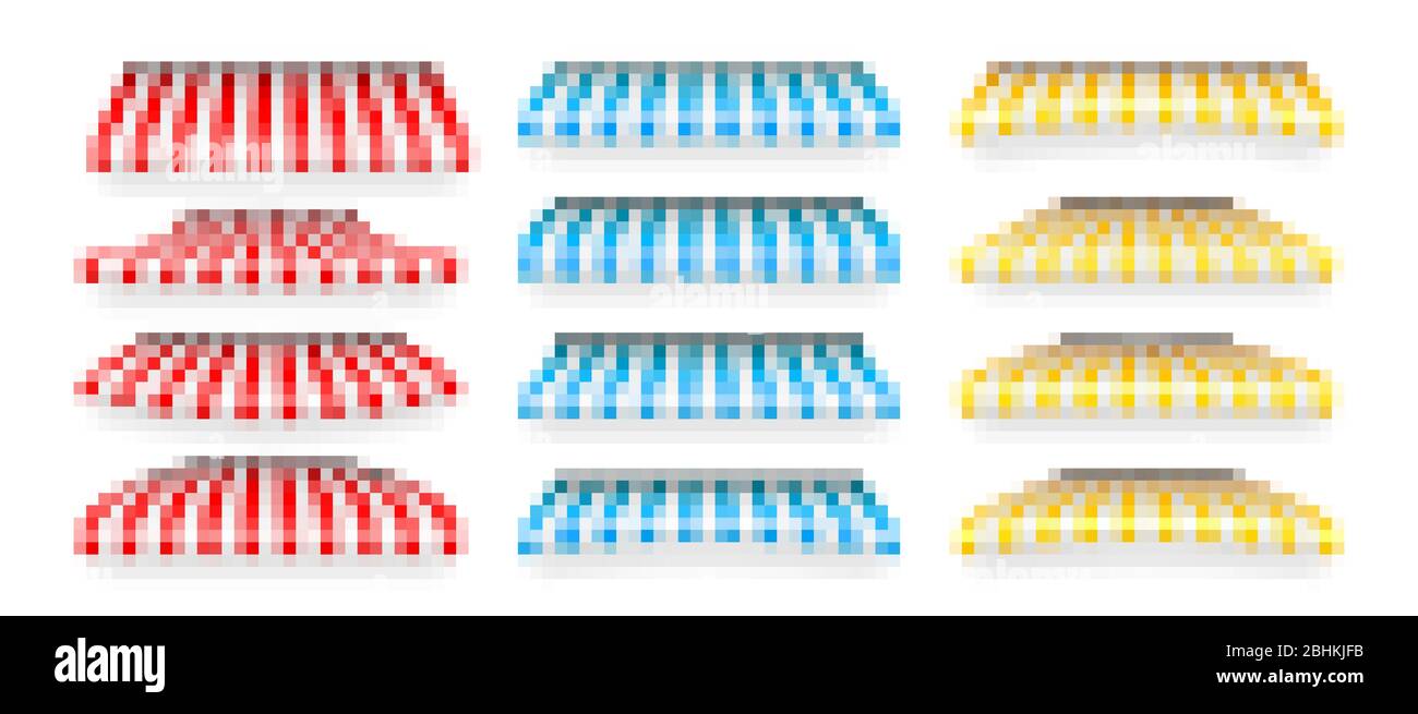 Realistic striped shop sunshade. Store awning. Shop tent isolated set ...