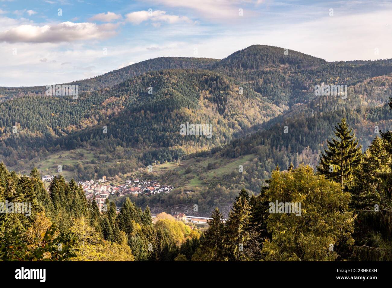City view of Forbach village and Black forest trees, Germany Stock ...