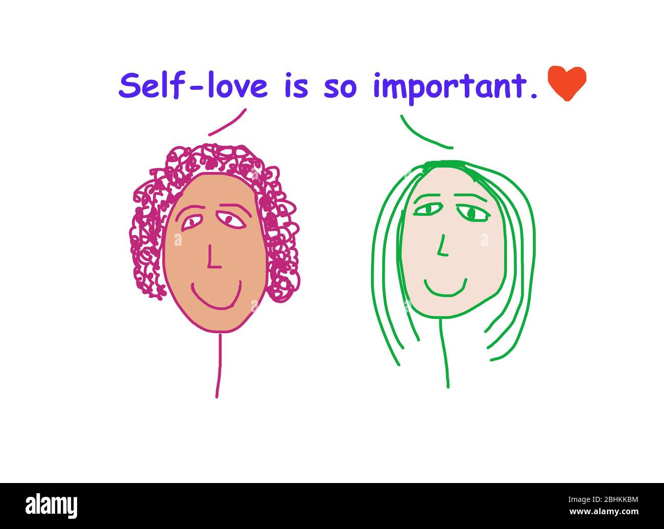 Color cartoon of two smiling ethnically diverse women stating self love ...