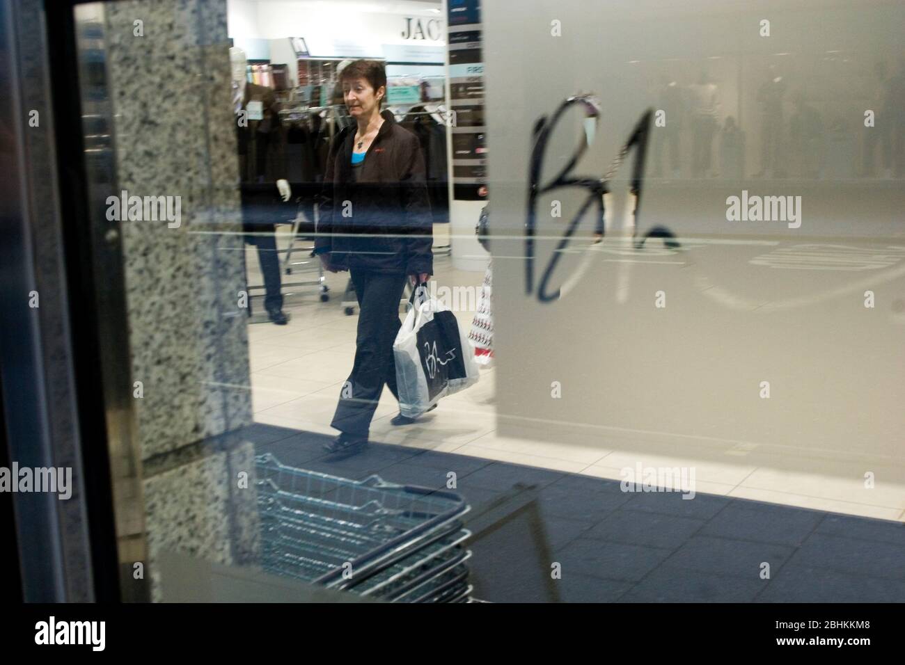 Frosted BHS logo etched into the glass doors of the BHS store on Oxford ...