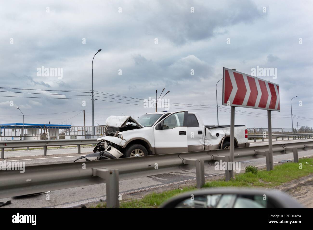 Wrecked car pickup truck crash accident on highway city road. Damaged ...