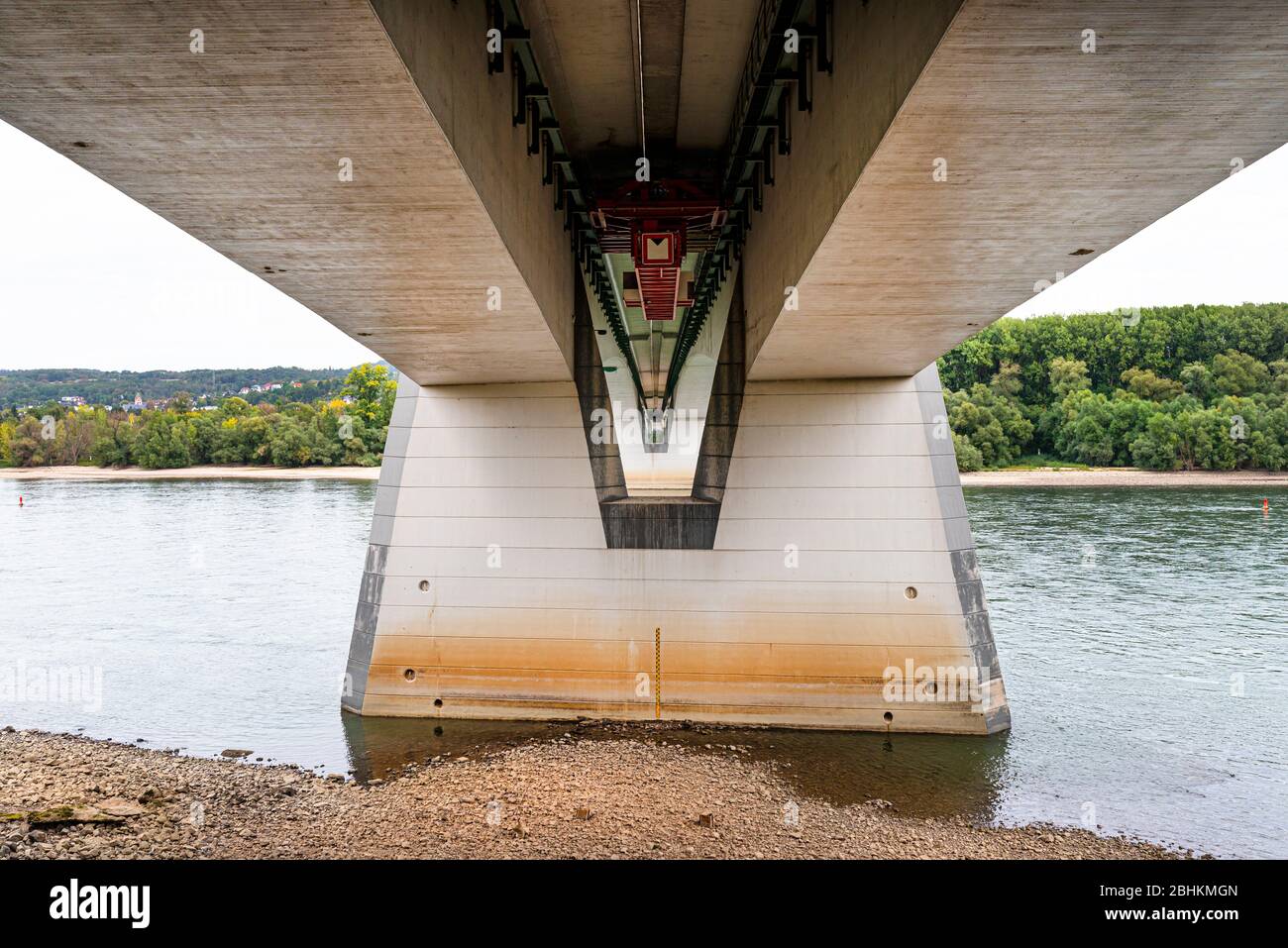 Concrete highway bridge seen from below, concrete pillars visible Stock ...
