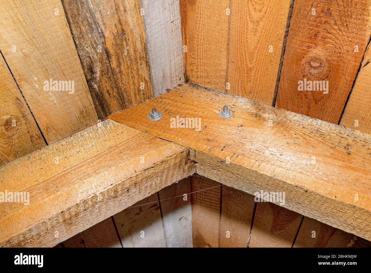 Roof made of rafter-type roof truss, close-up view from the inside ...