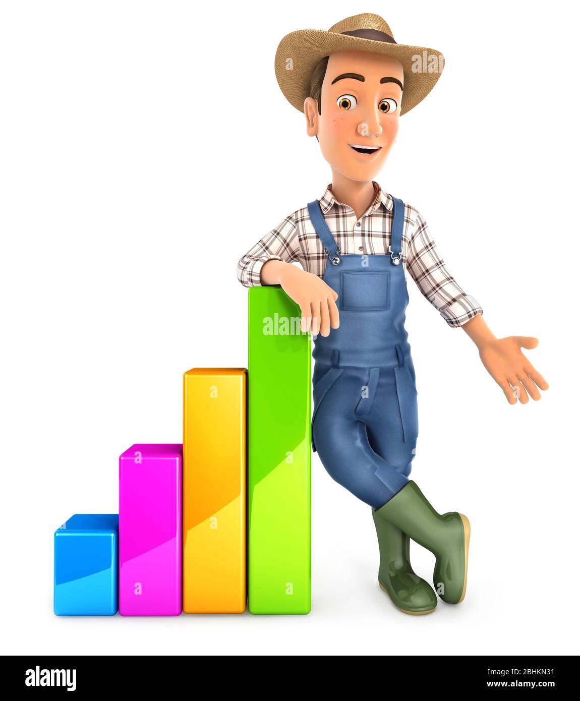 3d farmer leaning against bar chart, illustration with isolated white ...